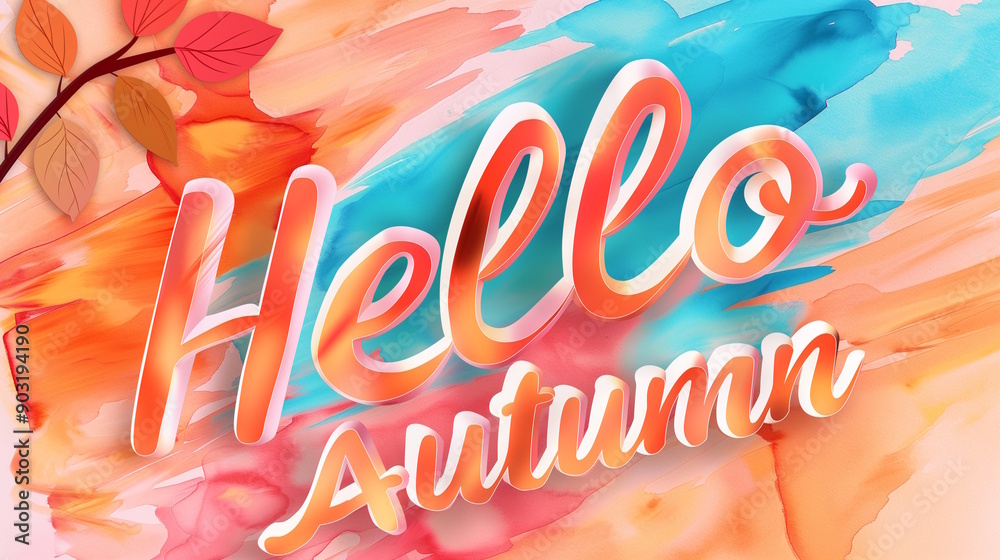 Hello autumn text with glowing letters and leaves on a colorful ...