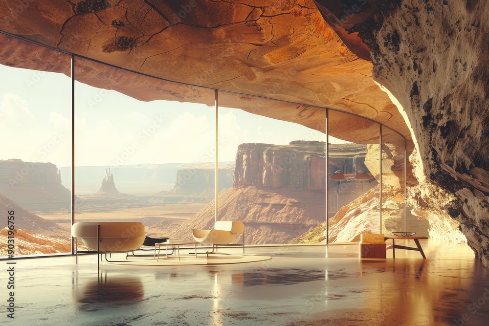 Stunning desert landscape seen through floor-to-ceiling windows of a ...