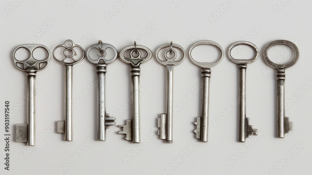 An arrangement of seven vintage skeleton keys displayed in a line on a ...