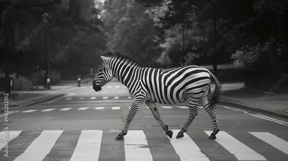 black and white photo of long shot of a zebra walking across abbey road ...
