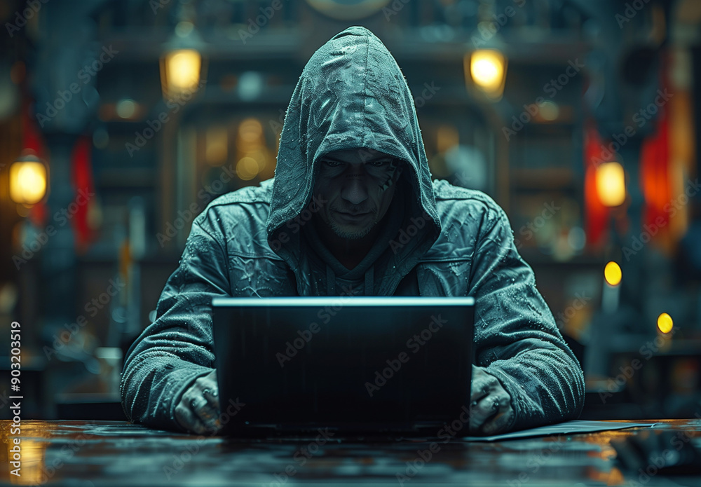 Scary hacker with hooded jacket typing on keyboard hacking cyber ...