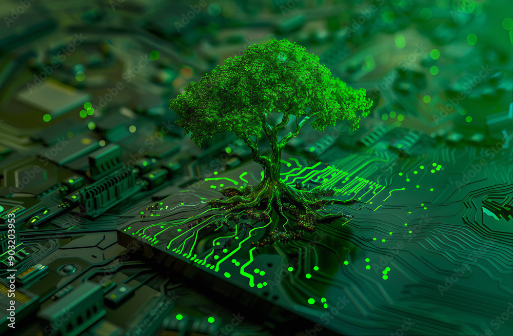 Árvore crescendo no ponto convergente da placa de circuito do ...