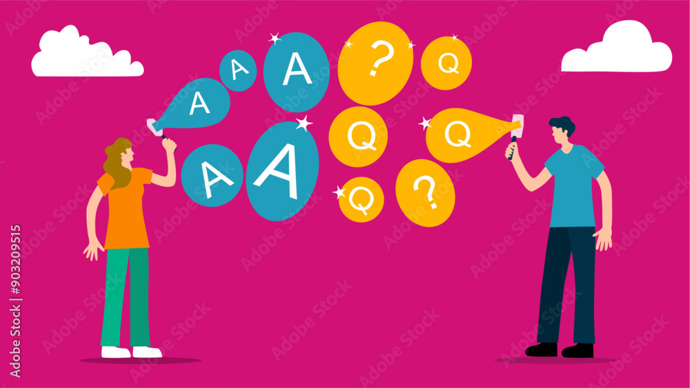 Vector illustration of a man and a woman holding megaphones, with the ...