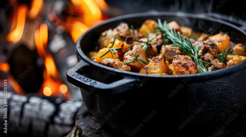 Rustic cooking pot filled with seasoned meat chunks and vegetables ...
