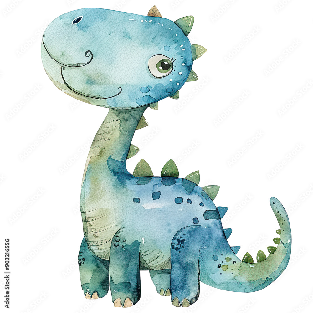 Cute baby blue dinosaur watercolor illustration for kids clipart ...