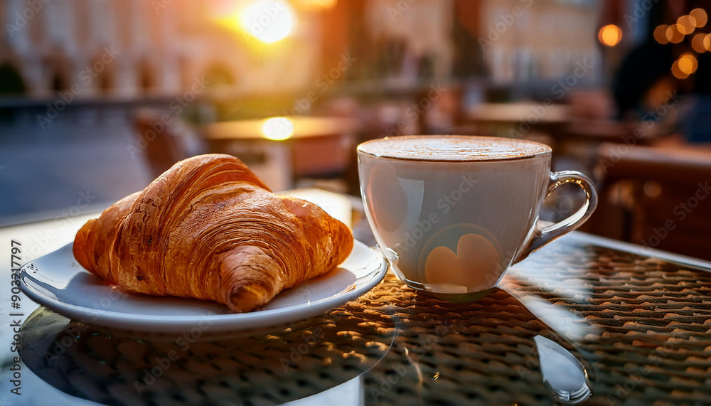 Barista's Delight: Cozy bar table with coffee and croissants, perfect for restaurant menus ...