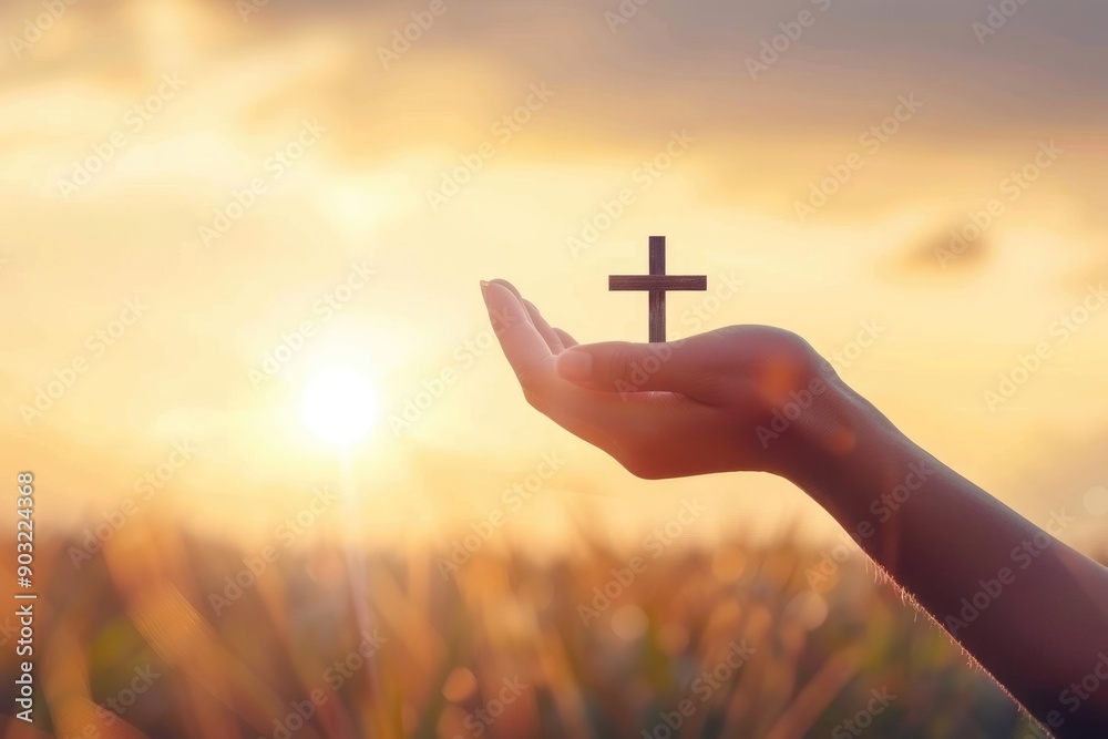 religious concept Gods helping hand and cross on sunset background ...