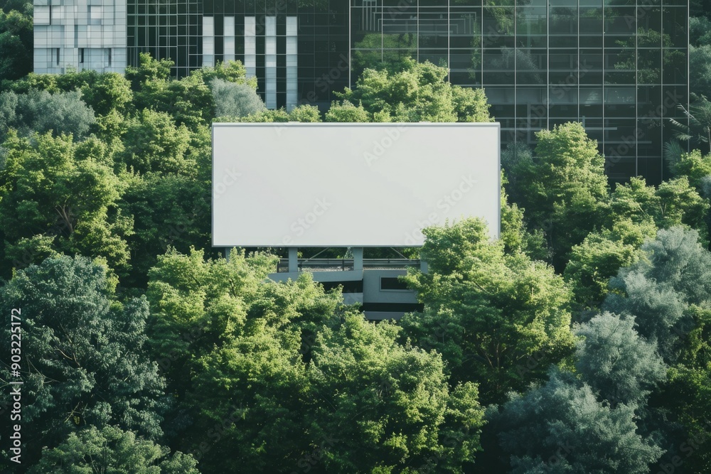 Mockup Ad. Huge Poster Template on Rooftop; Blank Advertising Billboard with Trees; Outdoor Info ...