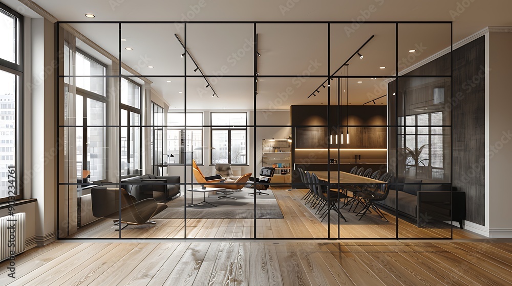 A modern office interior featuring a spacious layout with large windows ...