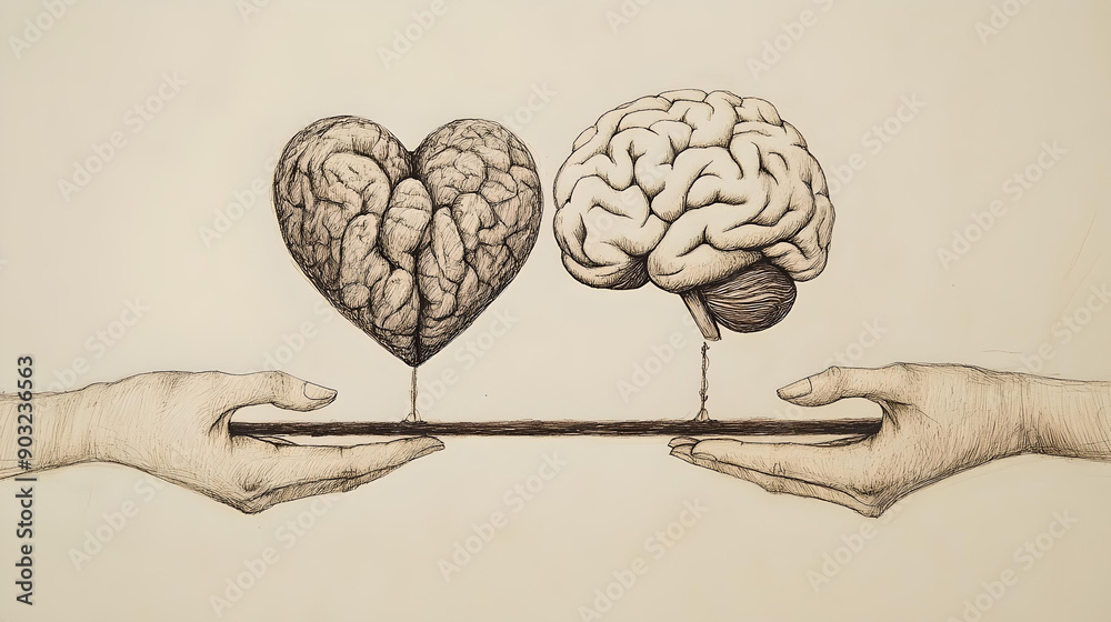 This image illustrates a balance scale with a brain and heart ...