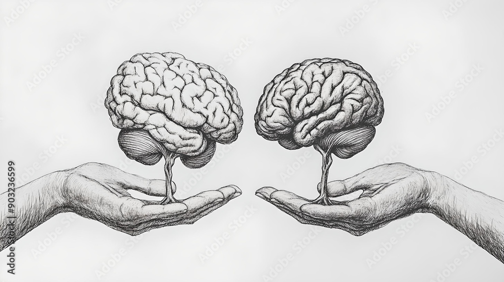 A detailed pencil drawing of two hands holding human brains ...