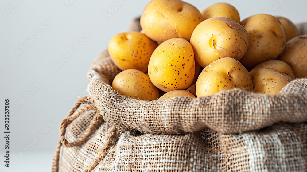 A rustic burlap sack overflowing with fresh, unpeeled golden potatoes ...