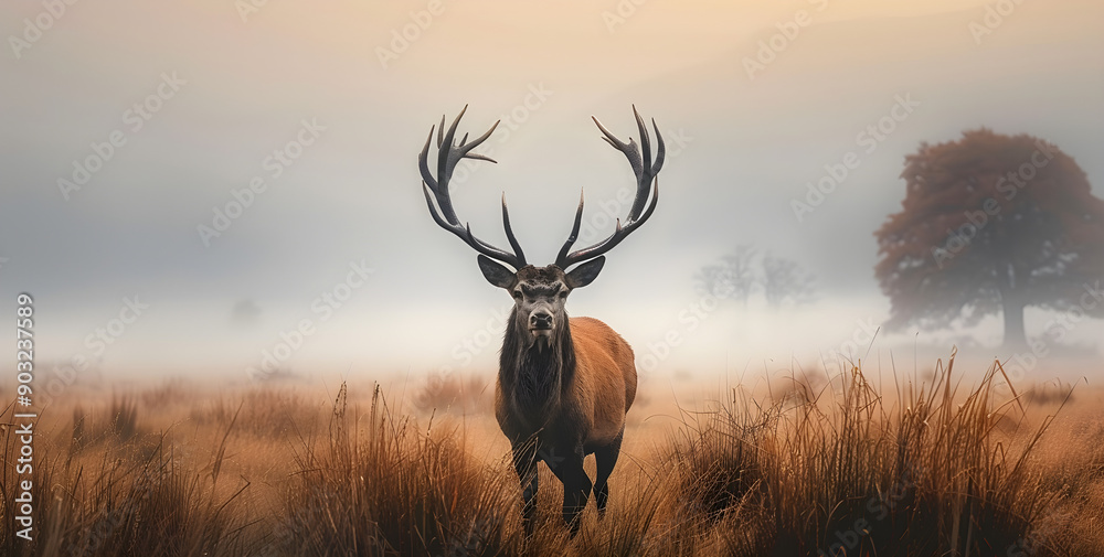 majestic deer in a misty landscape, autumn hues, serene atmosphere ...