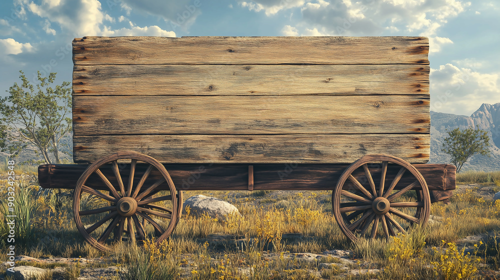 An old Wild West wagon themed sign - rustic wood planks, wooden wheels ...