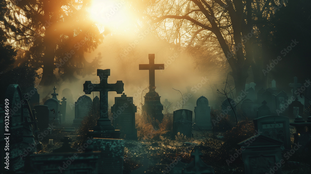 Misty graveyard at sunrise. Silhouettes of tombstones and crosses ...