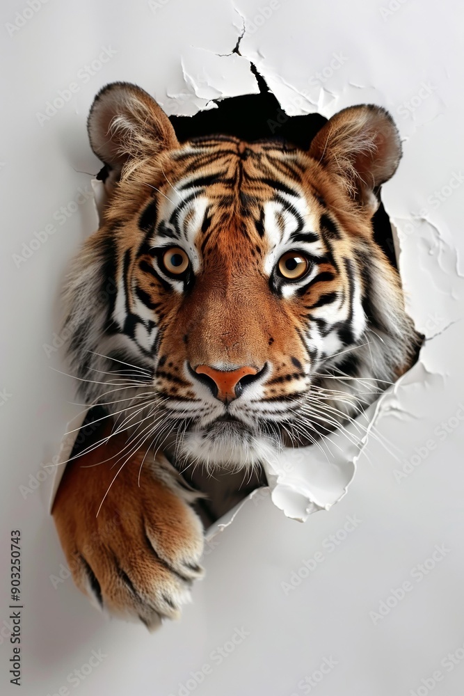 Tiger breaking through paper wall concept for strength, power, and ...