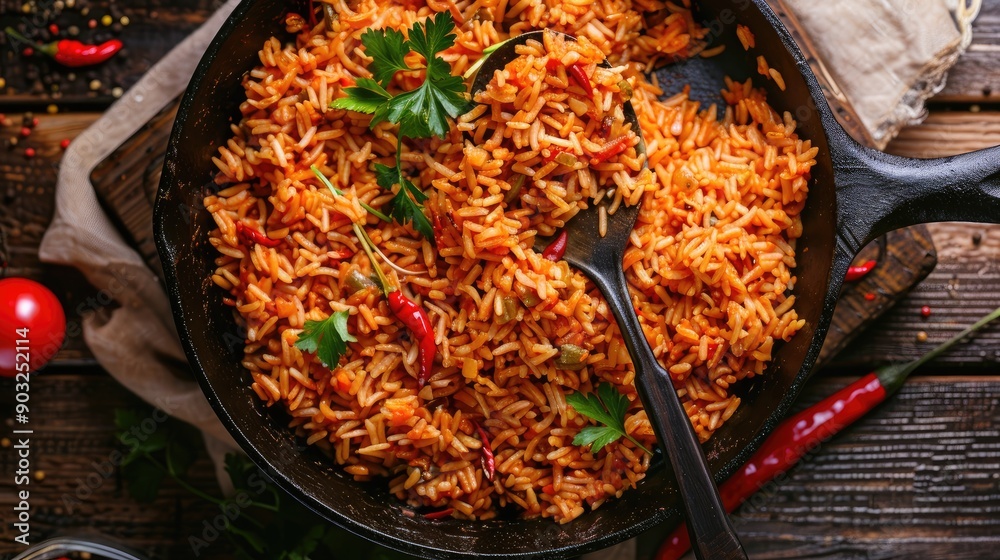 Spoon of Jollof rice in a cast iron skillet homemade party nigerian ...