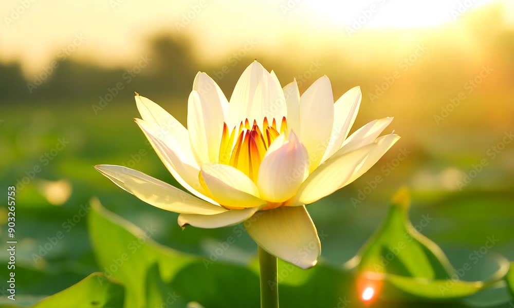 Lotus Blossom in Golden Light: A solitary white lotus flower blooms ...