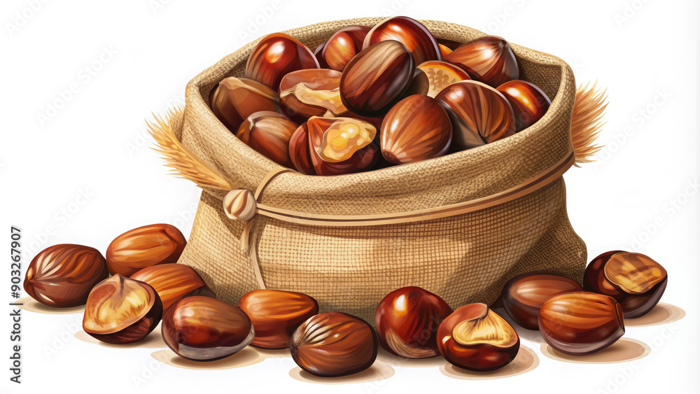 paper bag with roasted chestnuts on a white background, autumn ...