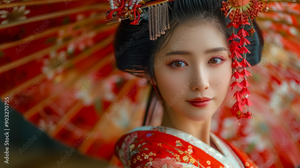 Dramatic performance featuring a geisha and samurai in vibrant scarlet ...