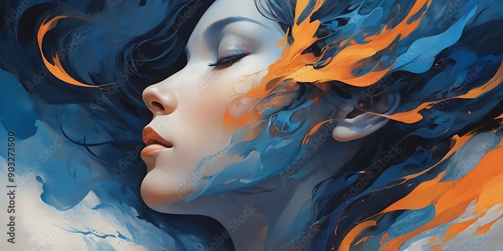 Digital art piece featuring a close-up profile of a human face ...