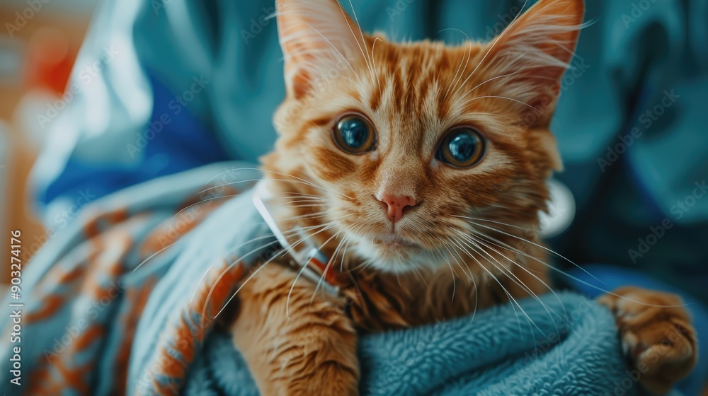 Veterinarian doctor with stethoscope holding spayed cat in ...