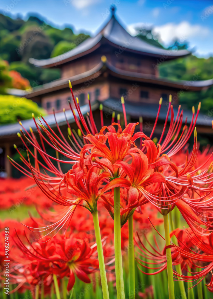 red lycoris flower on the background of a Japanese traditional temple ...