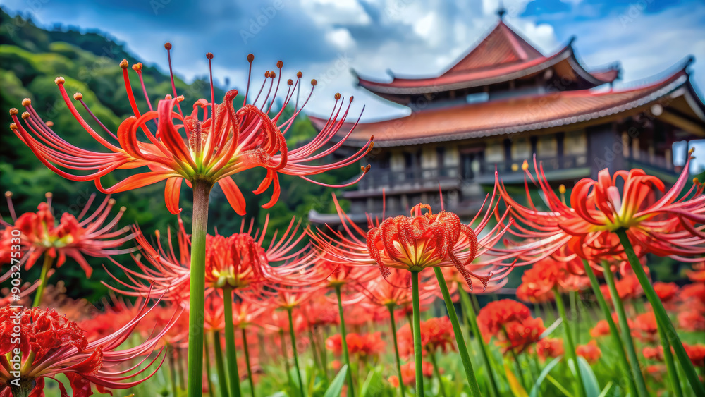 red lycoris flower on the background of a Japanese traditional temple ...