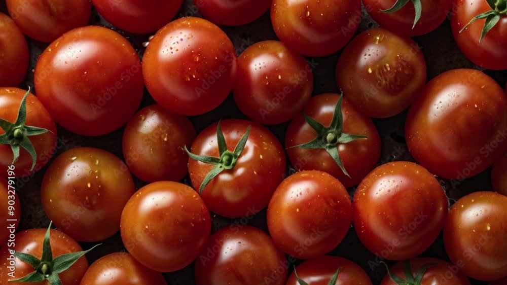 Close up of fresh tomato fruit background with leaves, top view ...