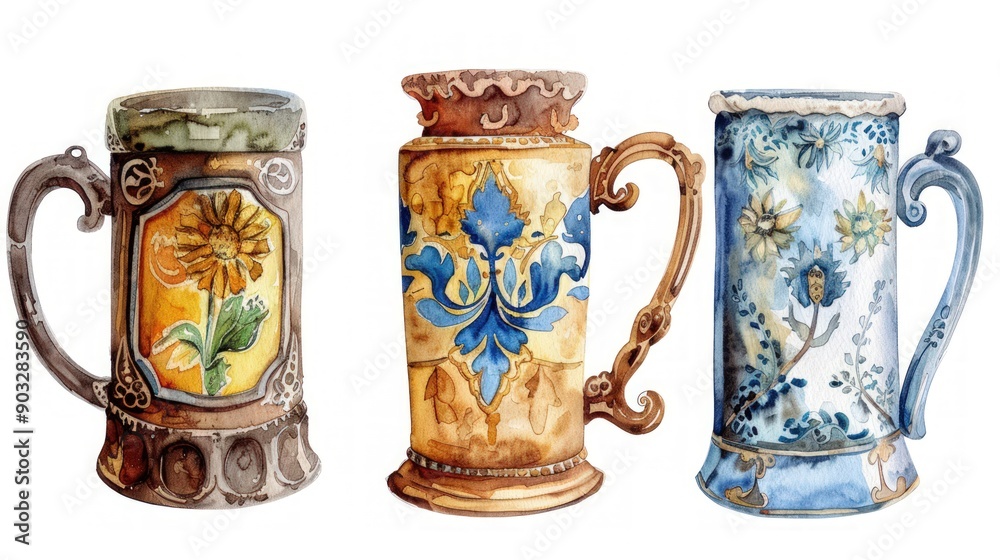 Traditional beer steins with intricate designs, International Beer Day ...