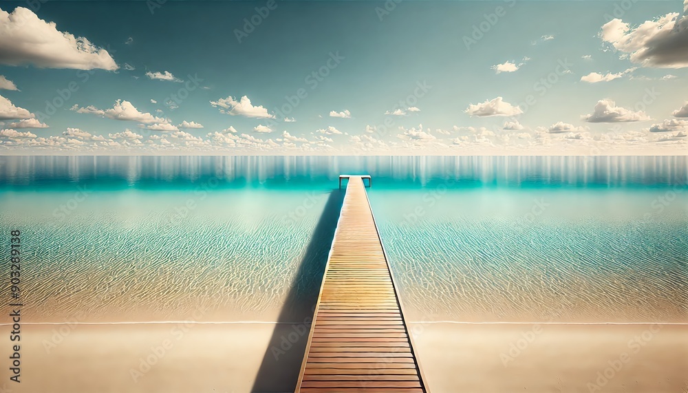 A realistic depiction of a beach with a central wooden dock leading ...