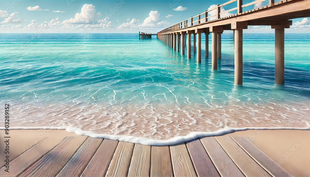 A realistic depiction of a beach with a central wooden dock leading ...