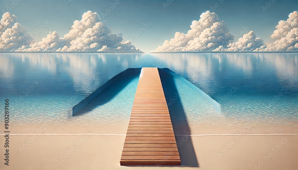 A realistic depiction of a beach with a central wooden dock leading ...