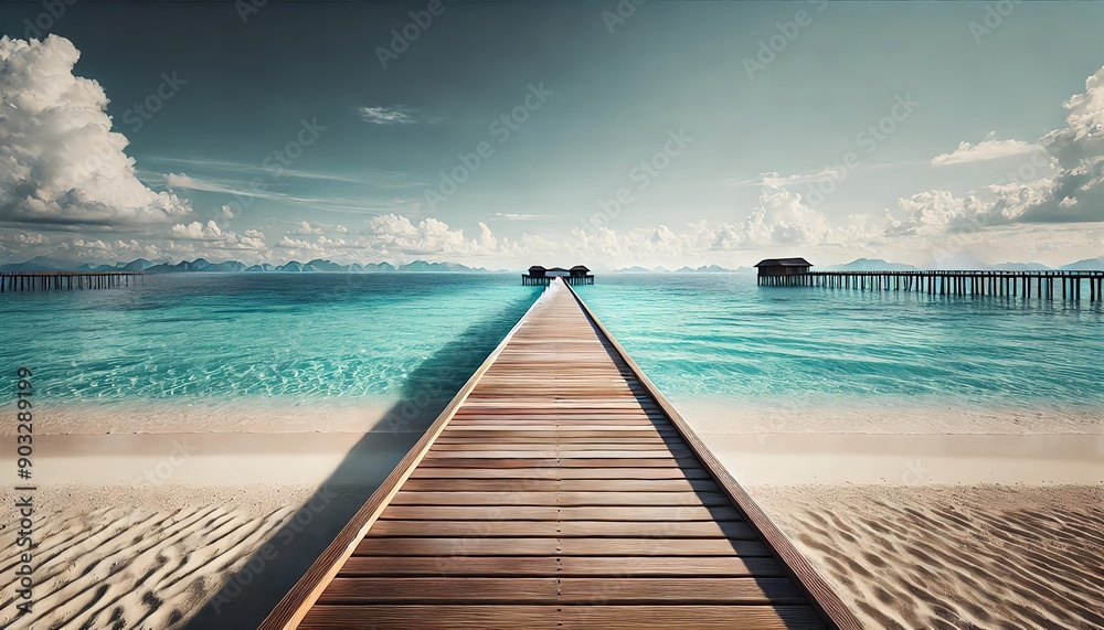 A realistic depiction of a beach with a central wooden dock leading ...
