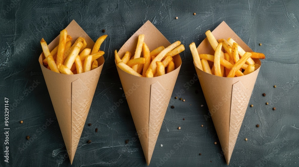 Three paper cones filled with french fries. The cones are on a grey ...
