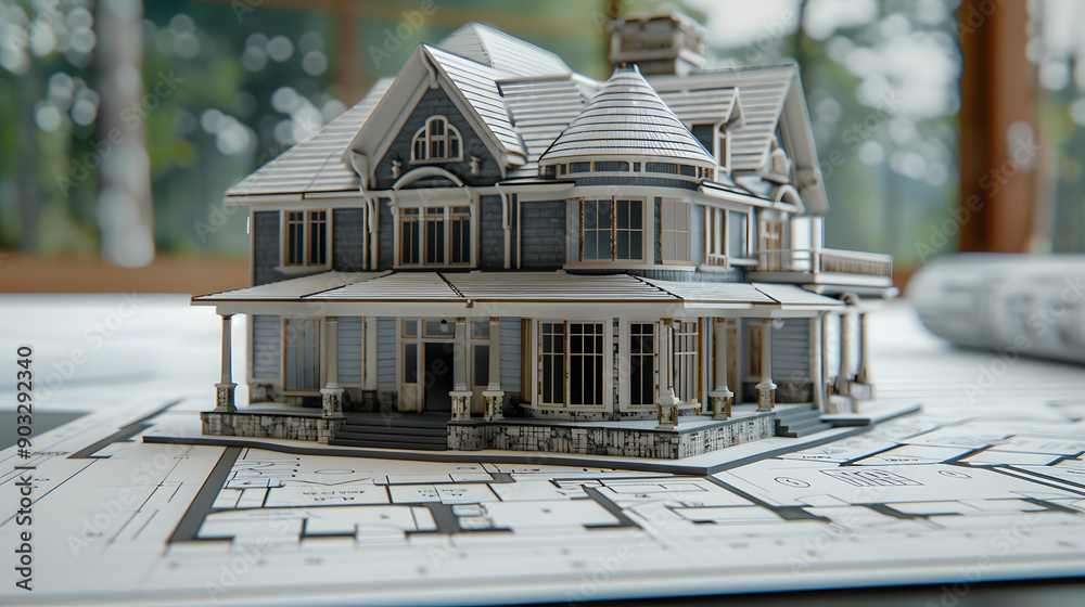 A classic house plan with a wooden house model on construction ...