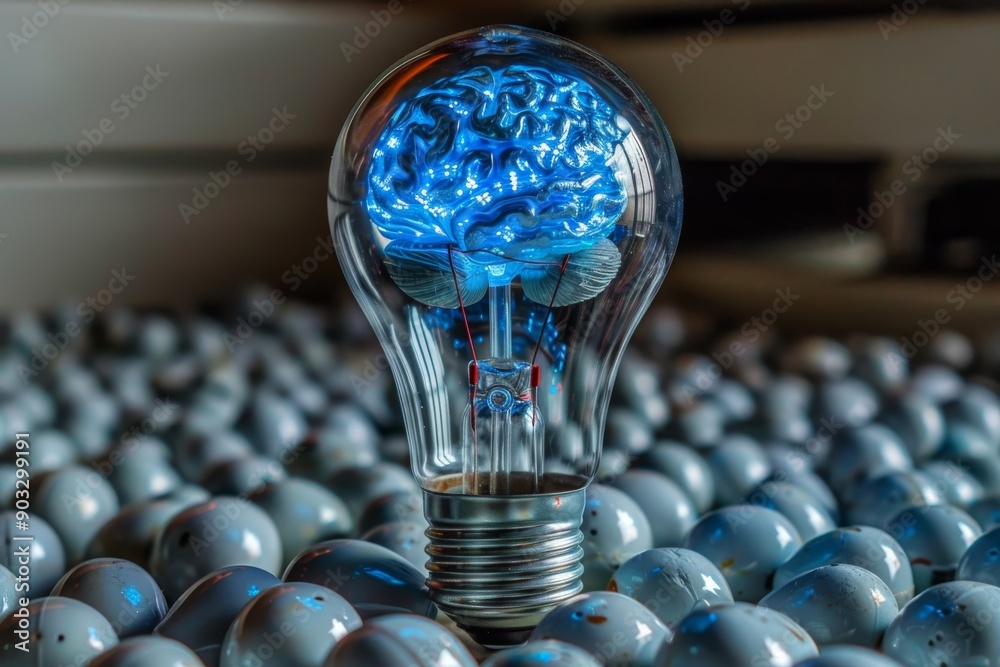 Blue brain light bulb on metallic spheres symbolizing intellectual ...