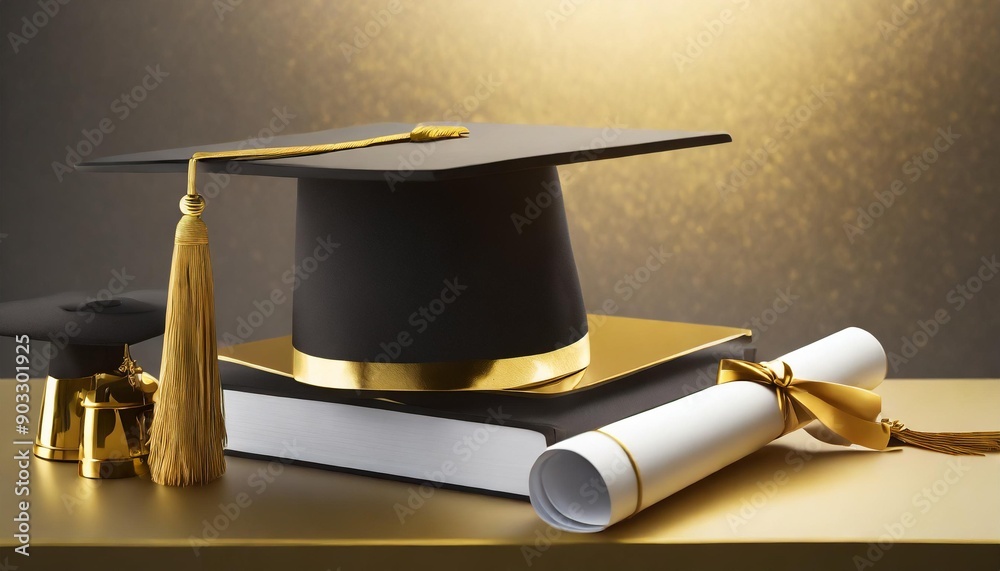Gold and black graduation background with cap and diploma White space ...