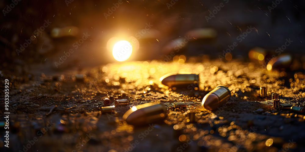 Deadly Precision: A spotlight illuminates a target range, empty bullet ...