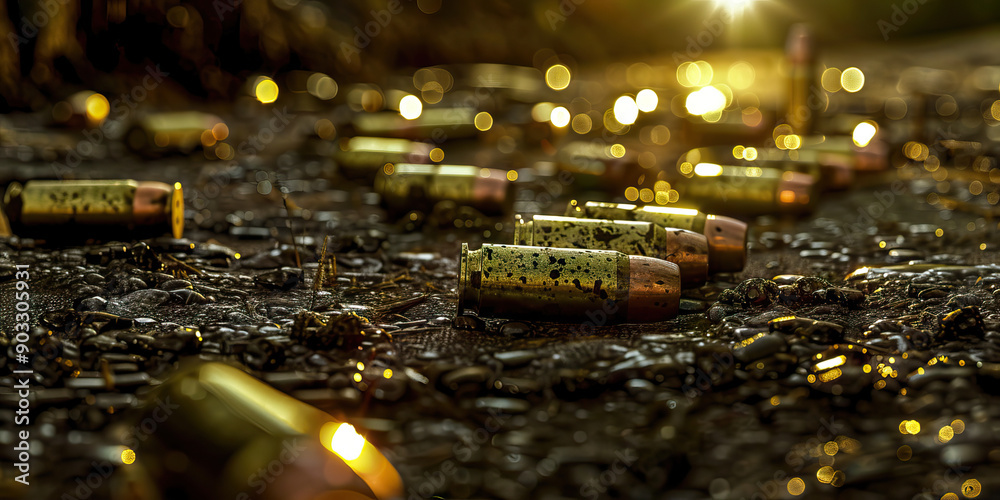 Deadly Precision: A spotlight illuminates a target range, empty bullet ...