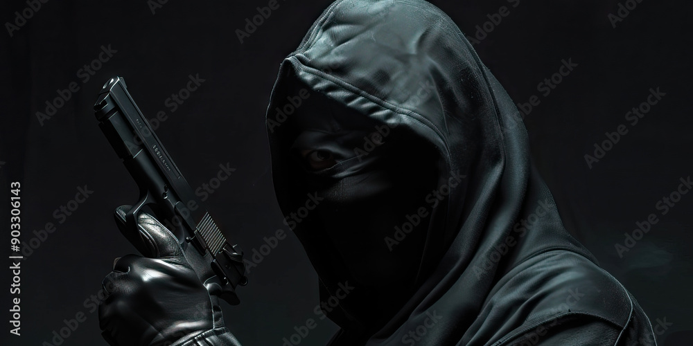 Stealth Assassin: A black-clad figure, invisible in the shadows, holds ...