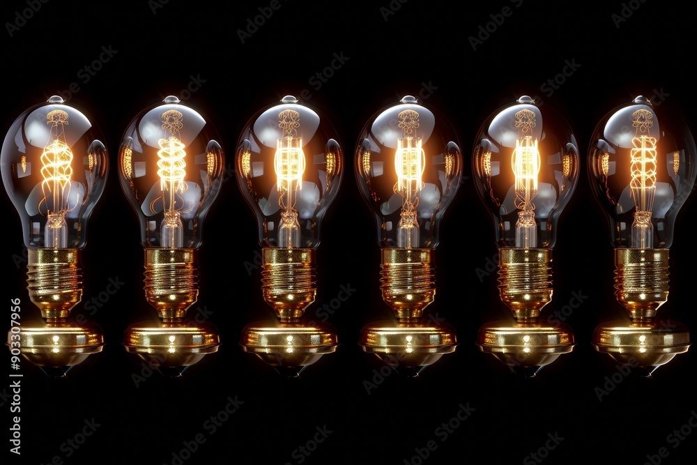 Row of vintage light bulbs on a black background evoking nostalgia ...