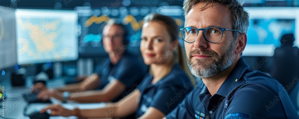 Foto de Team of transport managers coordinating routes and schedules in ...