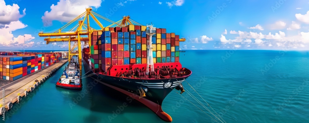 Cargo ship docking at a port with cranes unloading containers, emphasizing the global aspect of ...