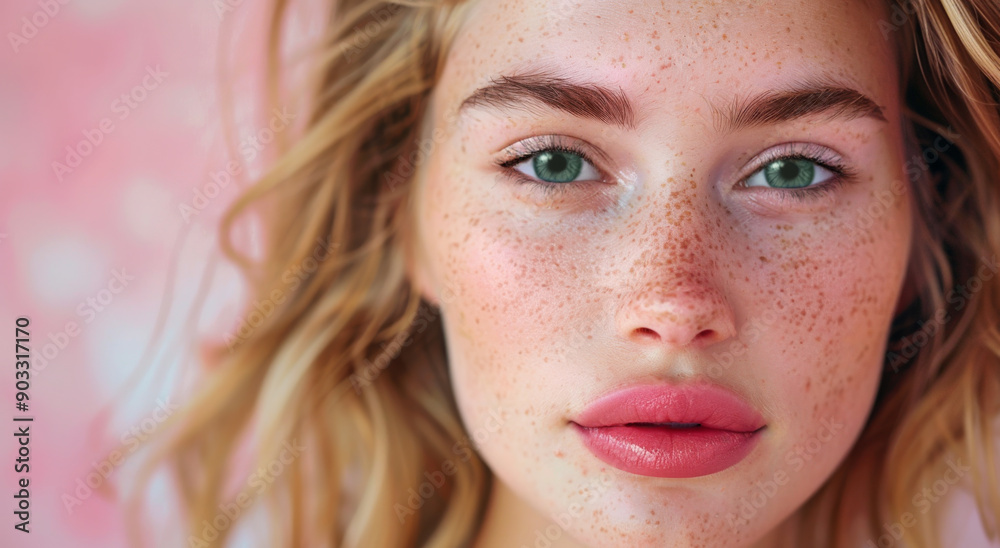 Studio portrait of a young model with blond hair, green eyes, full lips ...