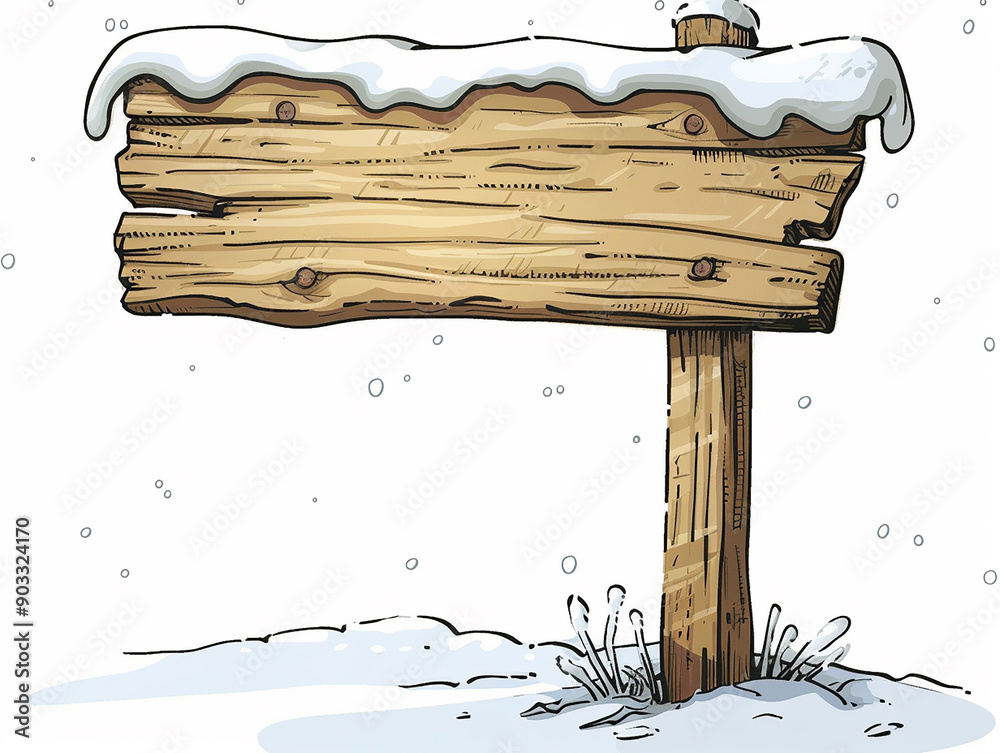Cartoon Wooden Sign Board Covered in Snow Stock Illustration | Adobe Stock