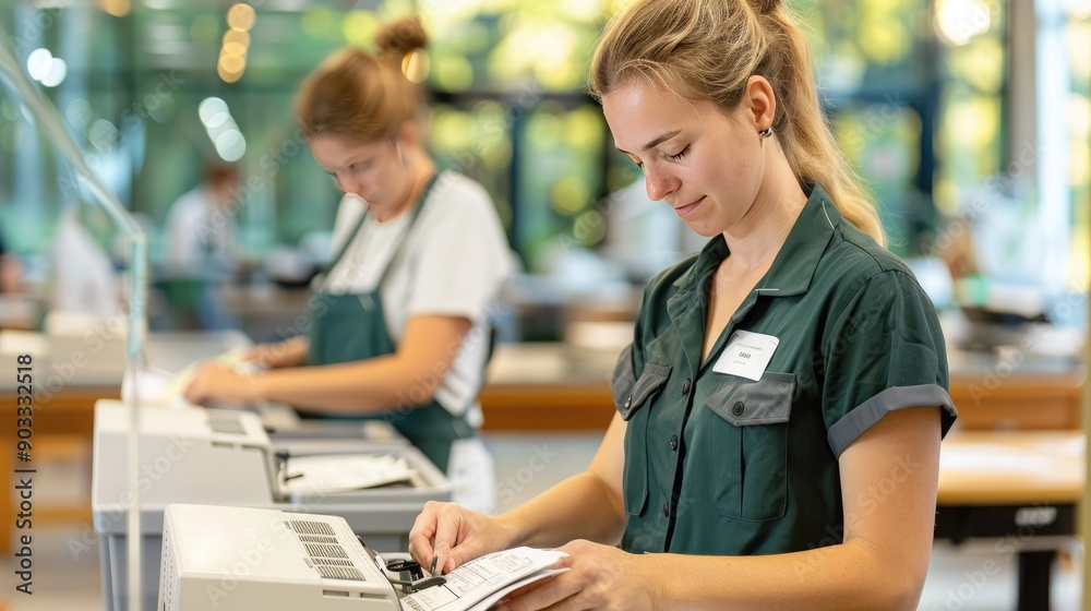 Two female cashiers working diligently at checkout counters in a bright ...