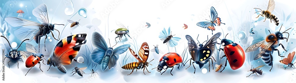 Create a lively poster showcasing different types of insects, including ...
