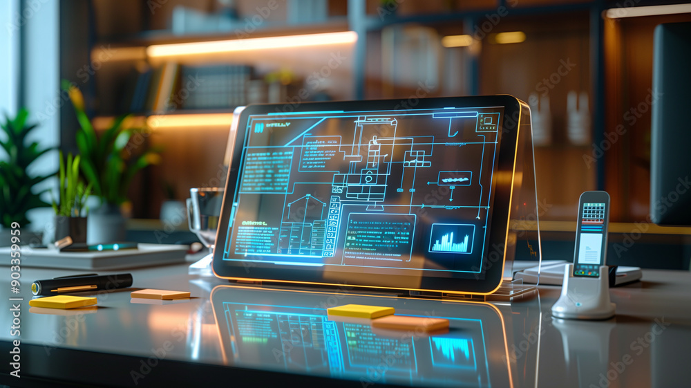 A modern office desk setup with a high-tech transparent display showing ...