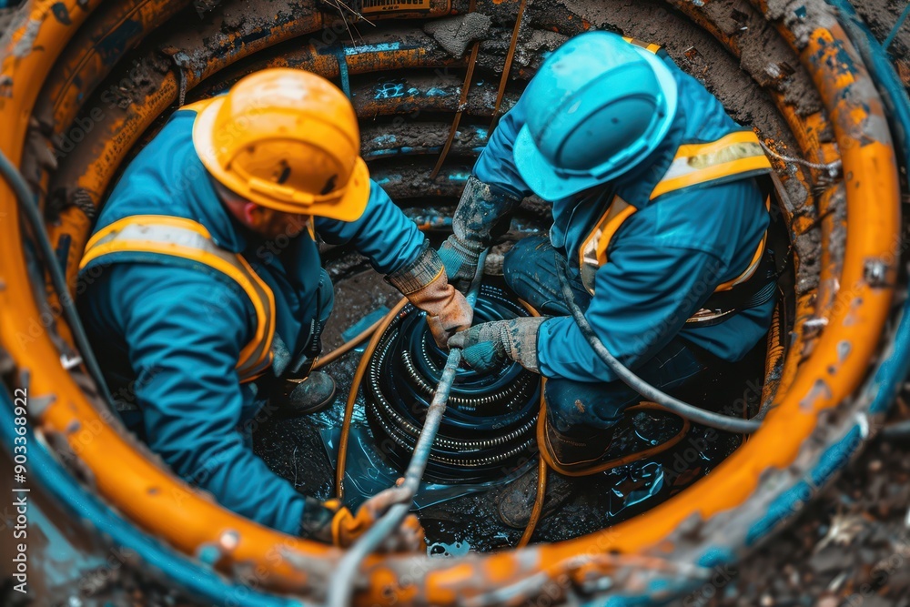 Engineers installing fiber optic cables underground to improve internet ...